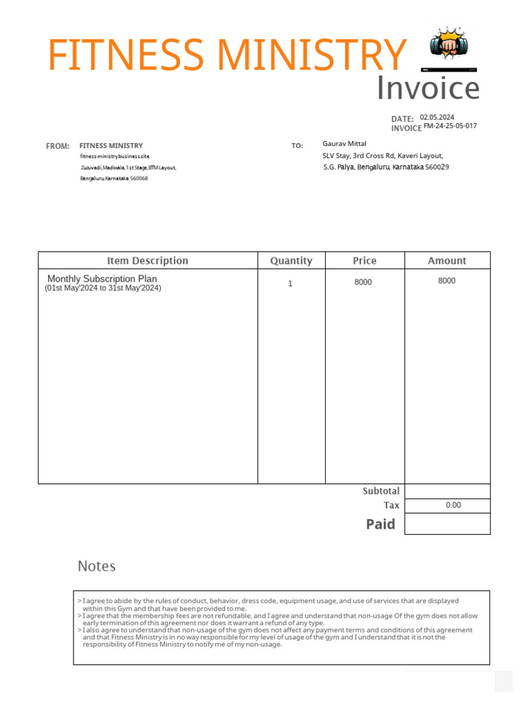 Gym Membership Invoice | PDF
