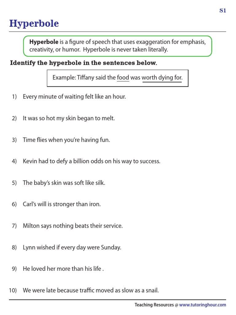 Hyperbole Identification Exercise | PDF