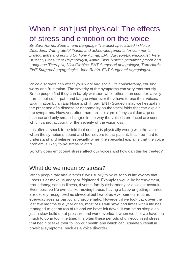 Stress and Its Impact on Voice Health | PDF | Psychotherapy | Human Voice