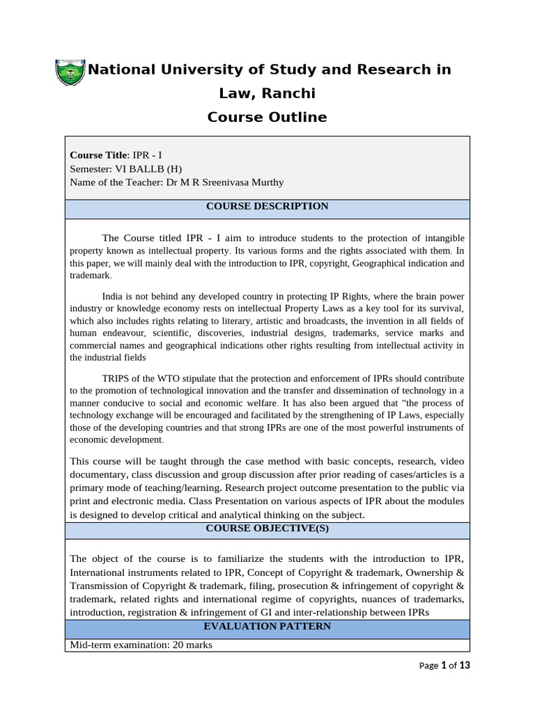 IPR - I Course Outline 2024 | PDF | Intellectual Property | Trademark