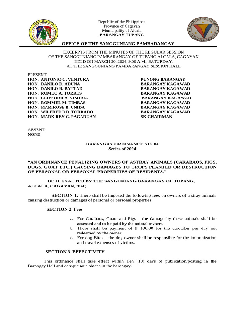 Barangay Ordinance No 004 Penalizing Astray Animals | PDF | Animals And ...