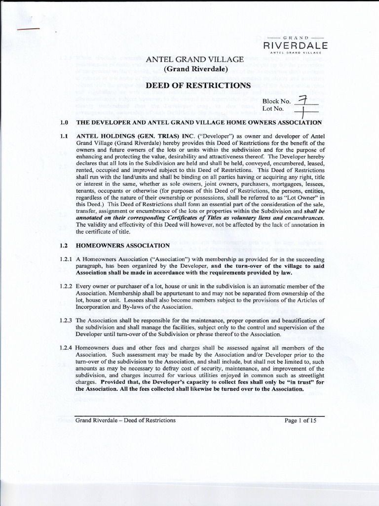 Deed of Restriction Antel Grand Village | PDF