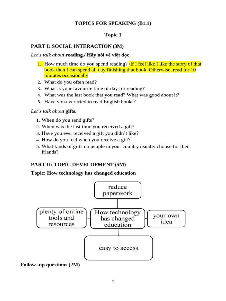 B1.1 - Topics For Speaking | PDF
