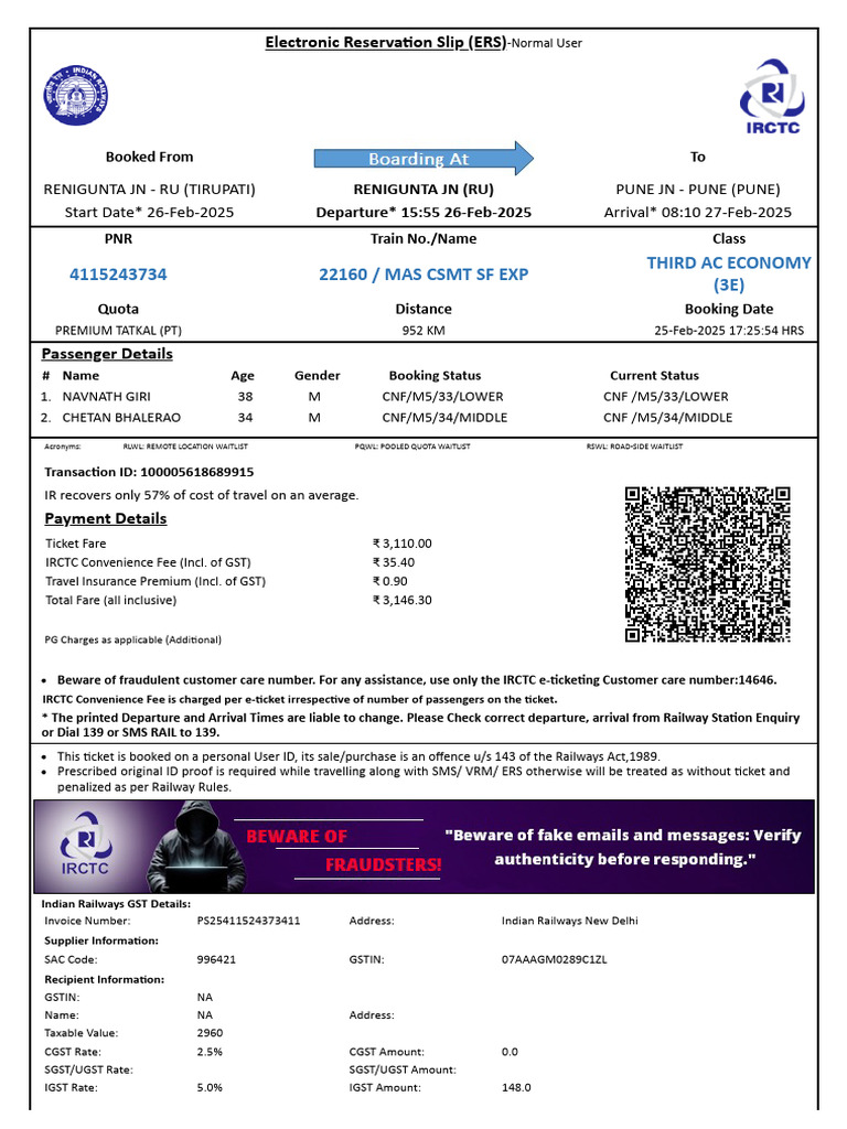 Mas CSMT SF Exp Third Ac Economy (3E) : Electronic Reservation Slip ...