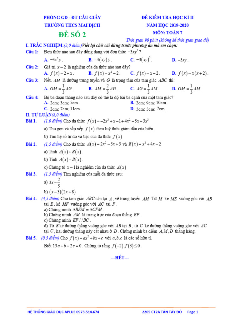 02.Đề Toán 7 HK II T THCS Mai Dich 2019-2020 | PDF