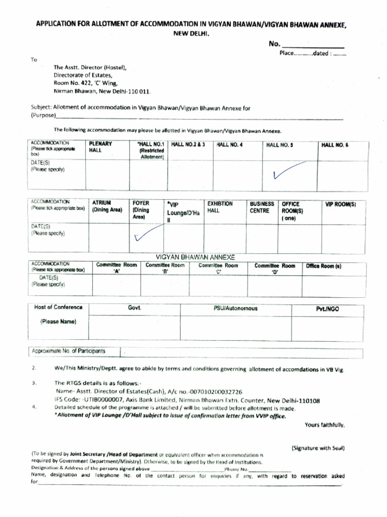 Vigyan Bhawan Accommodation Application | PDF