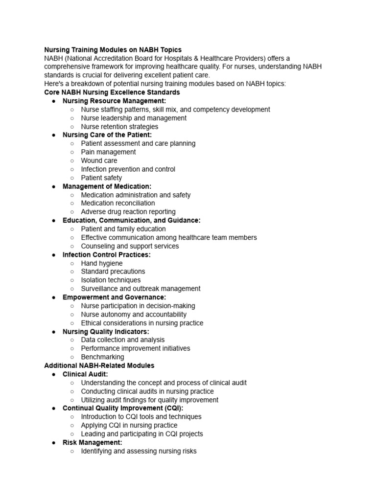 Nursing Training Module On Nabh Topics | PDF | Nursing | Health Care