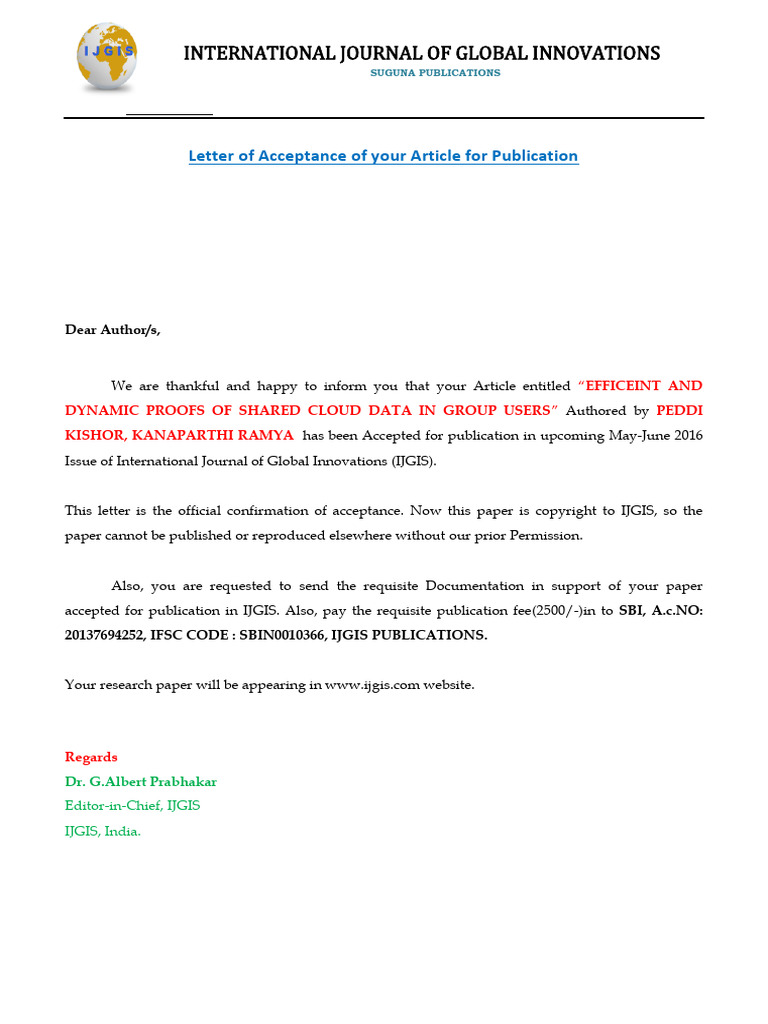 SP V4 I1 P35 AL Ramya Letter of Acceptance | PDF