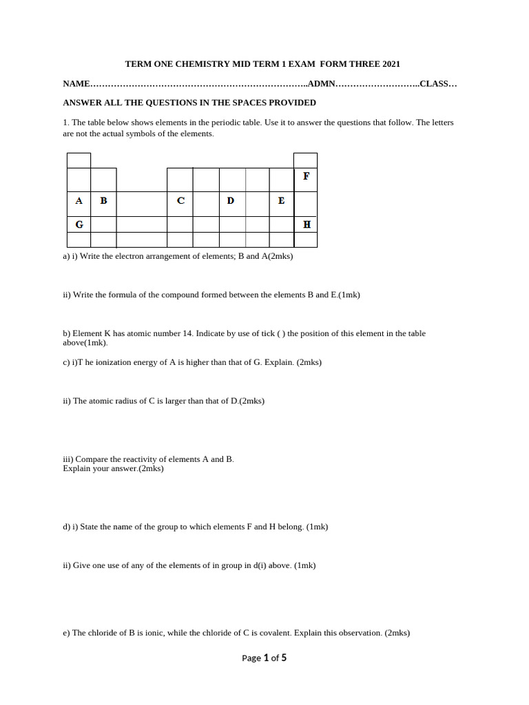 Set1 Chem MidTerm 1 2021 Teacher - Co .Ke F3 Exam | PDF | Gases ...