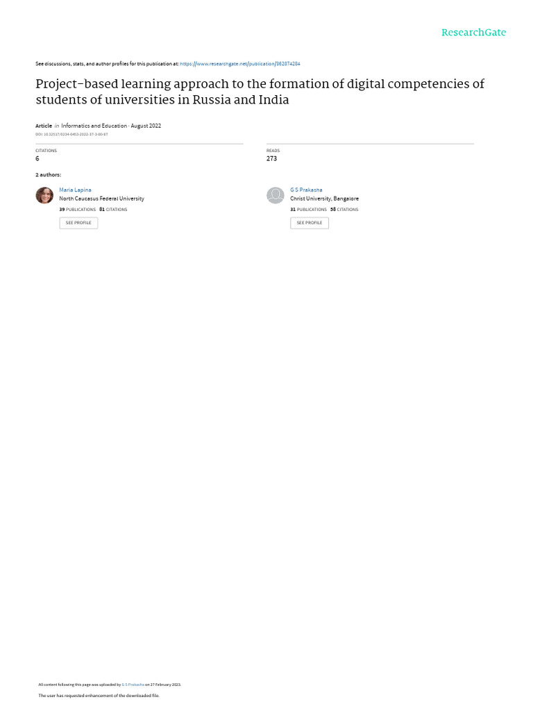 Project-Based Learning Approach To The Formation o | PDF | Educational Technology | Knowledge