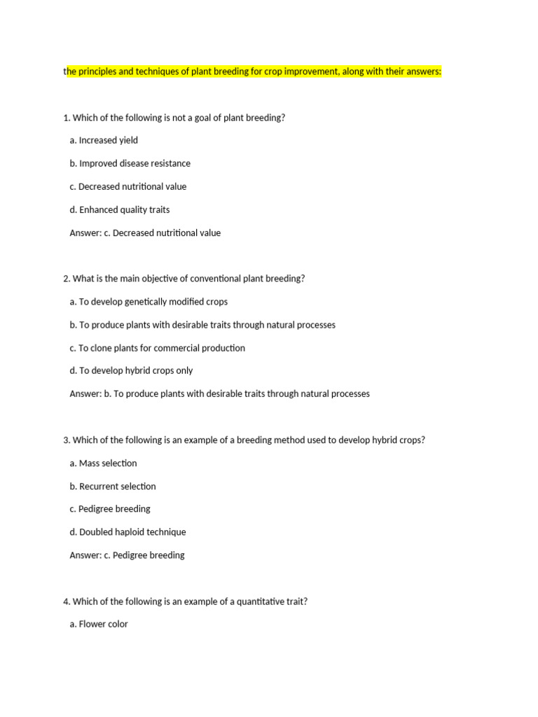 Plant Breeding Techniques and Questions | PDF | Plant Breeding | Hybrid ...