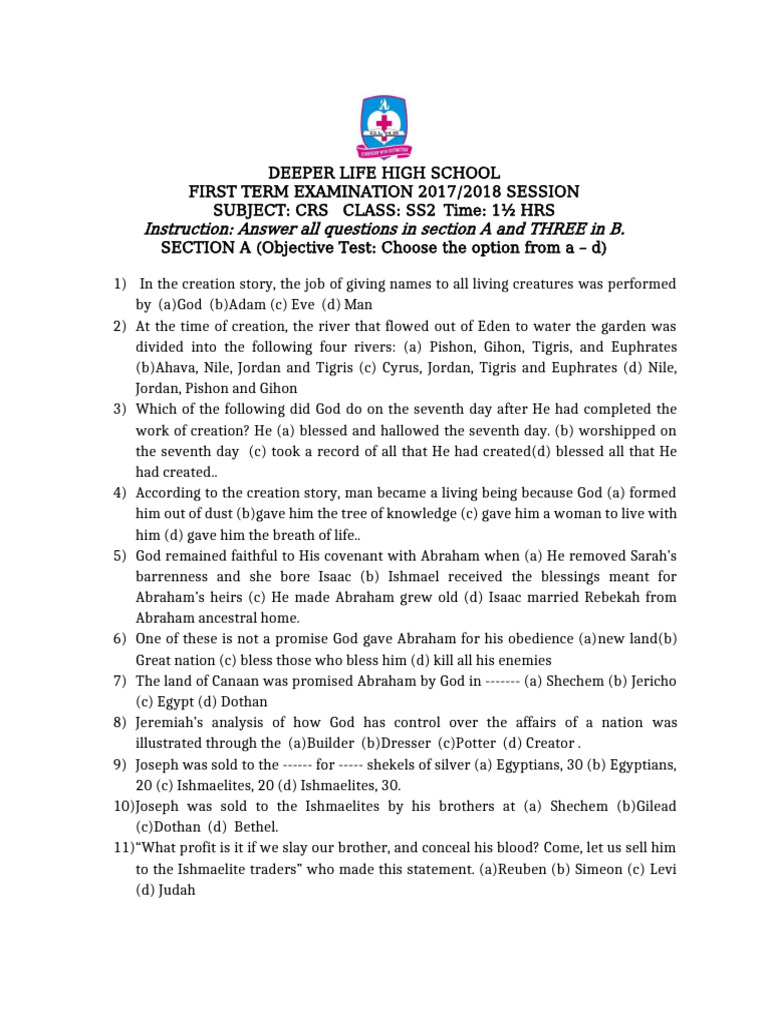 SS 2 CRS First Term Exams 2017-2018 | PDF | Books Of The Hebrew Bible ...