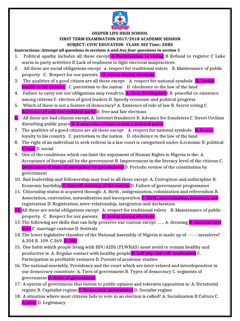 Civic Education Exam Questions for SS2 | PDF | Democracy | Political ...