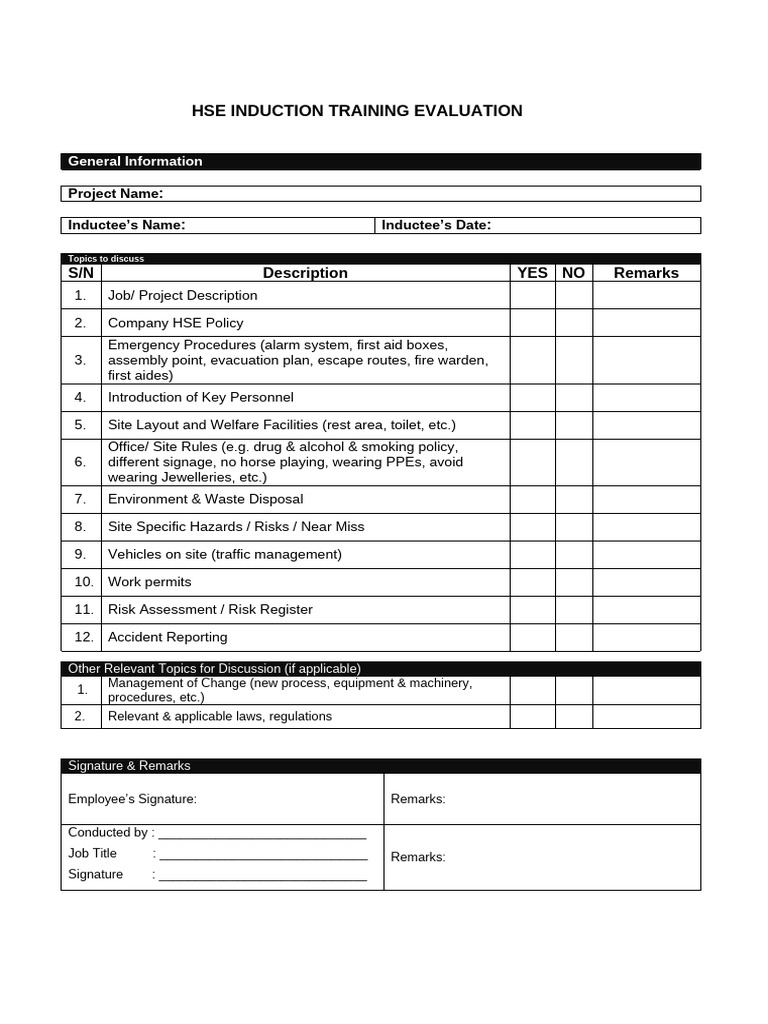 HSE Induction Training Evaluation | PDF