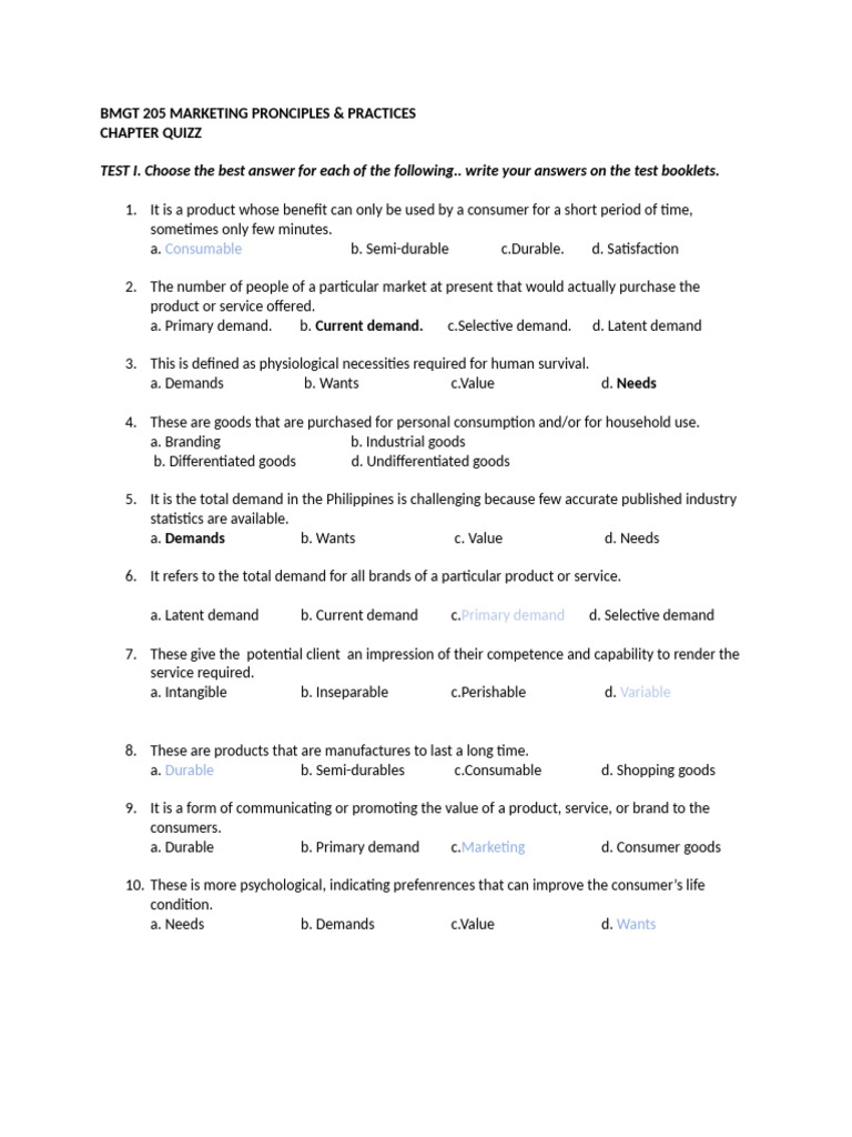 Marketing Principles Quiz Guide | PDF