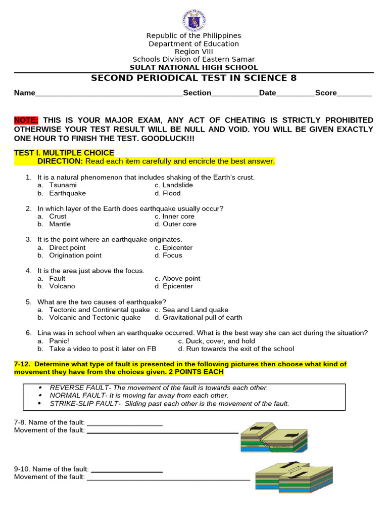 Science 8 Periodical Test on Earthquakes | PDF | Earthquakes | Tsunami