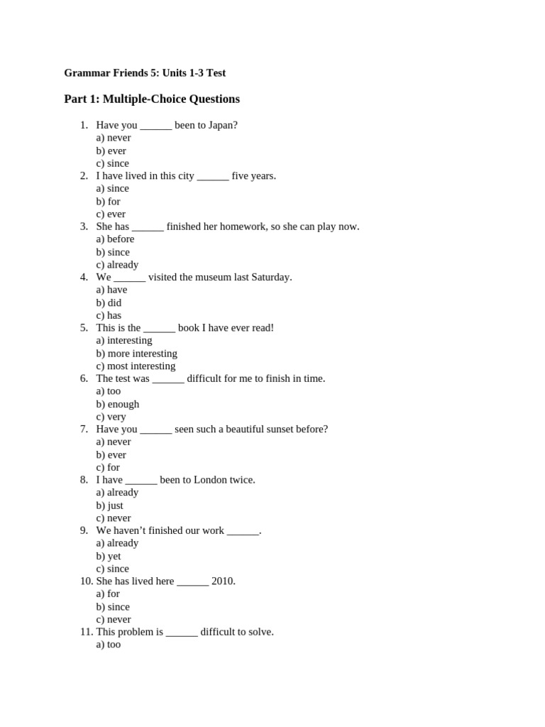 Grammar Friends 5 Test: Units 1-3 | PDF