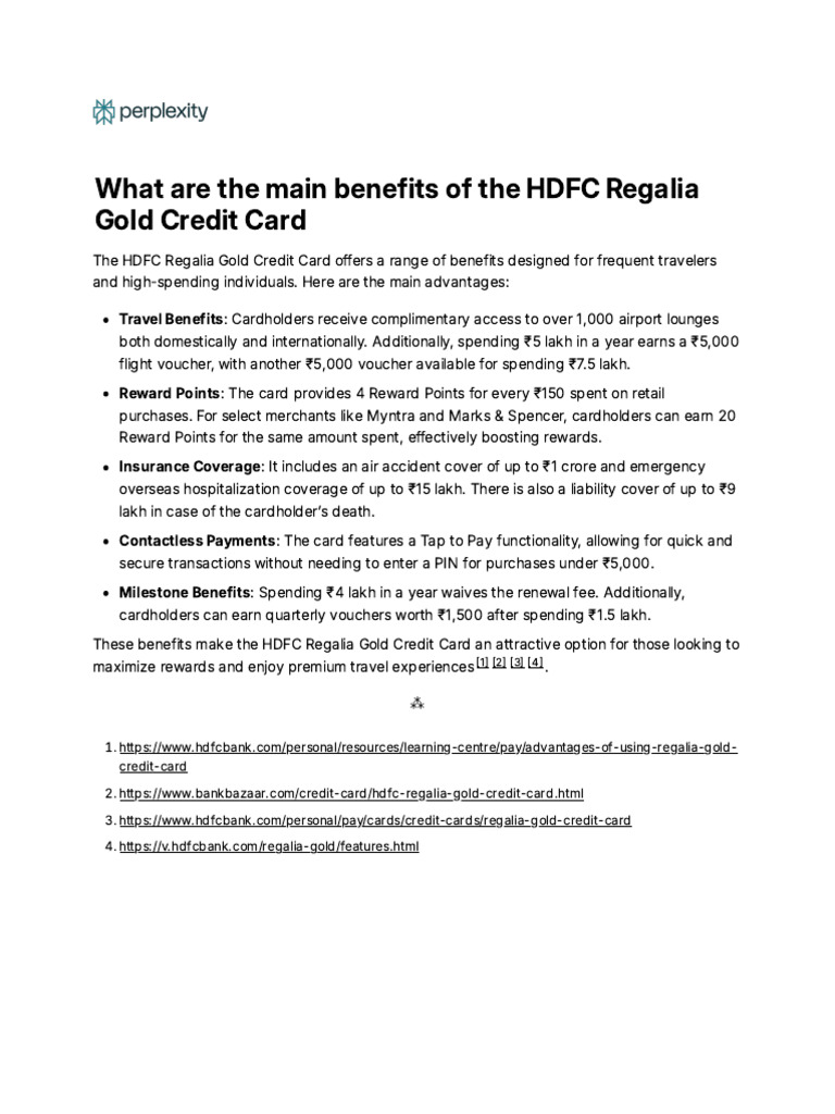 HDFC Regalia Gold Credit Card Benefits | PDF