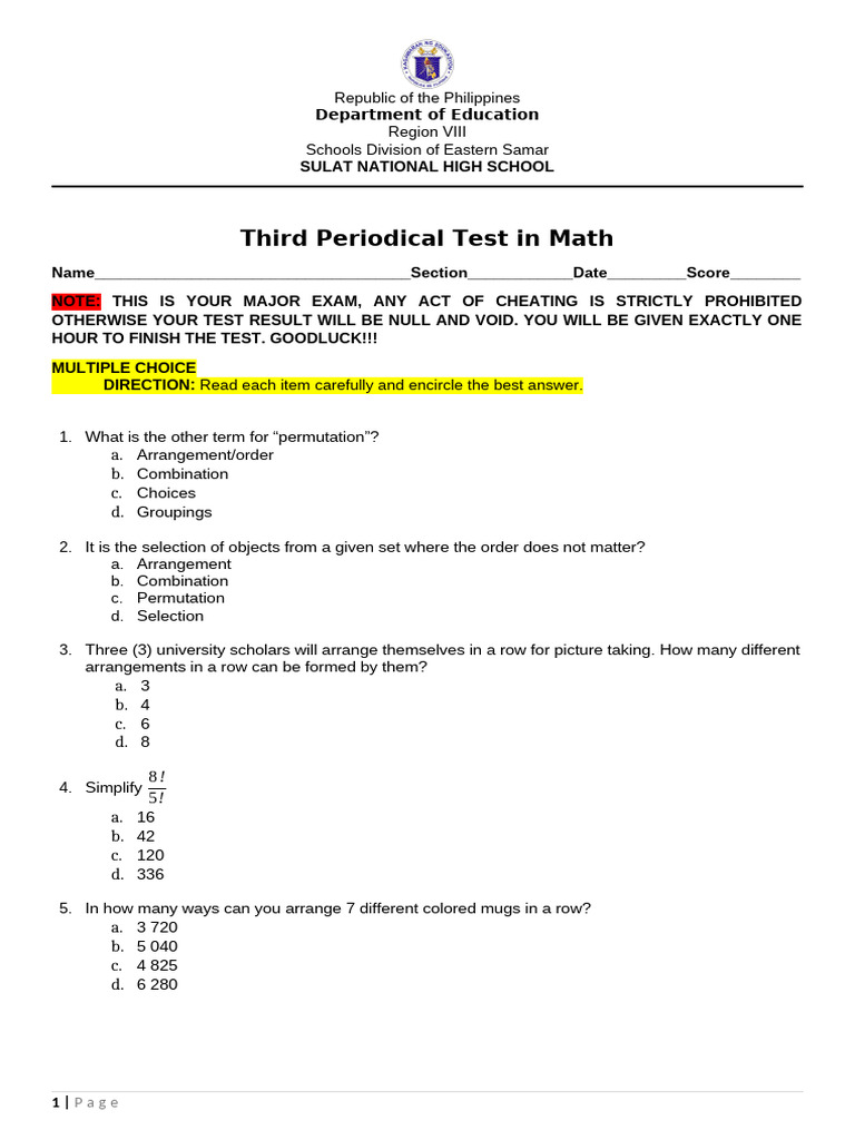 Math Periodical Test for High School | PDF | Probability | Mathematics