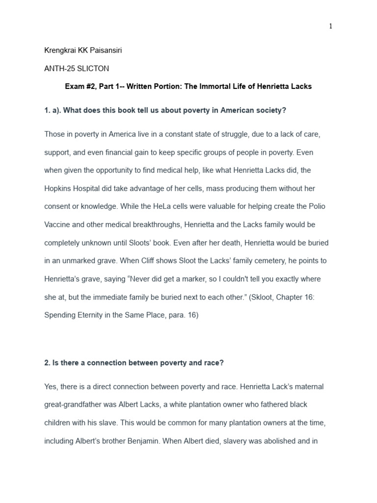 Exam #2, Part 1 - Written Portion - The Immortal Life of Henrietta ...