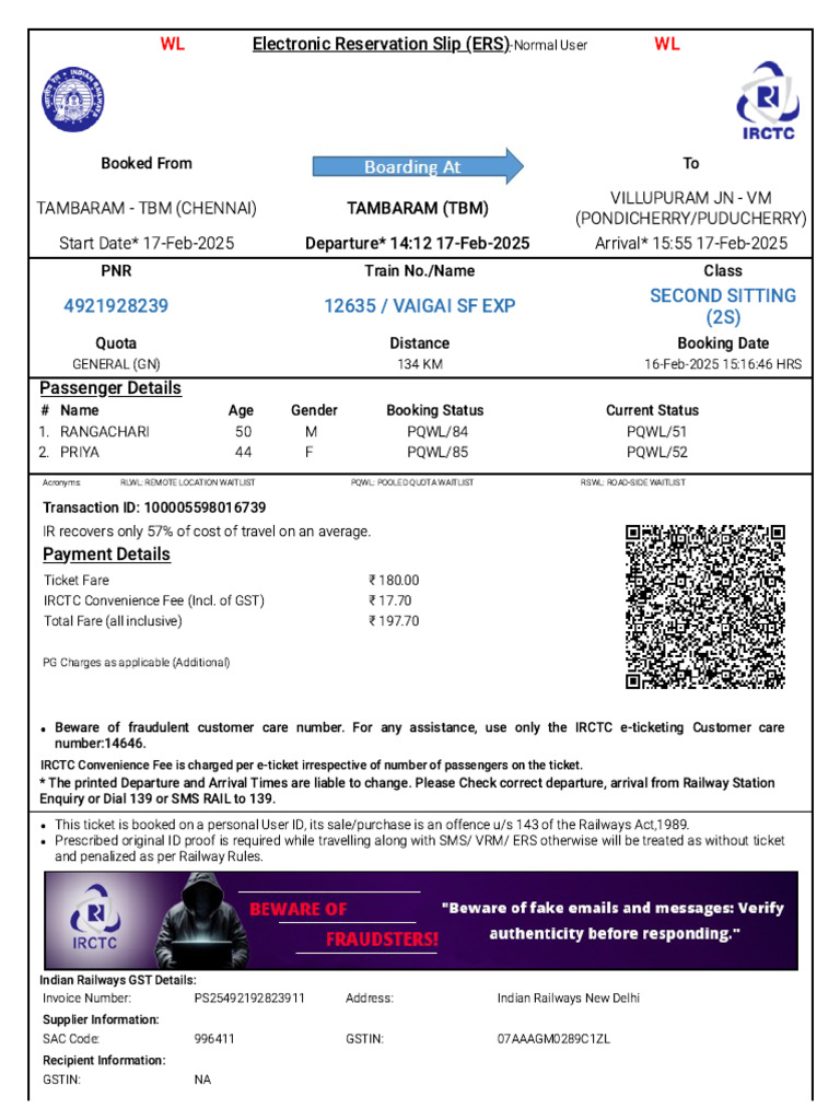 Vaigai SF Exp Second Sitting (2S) : WL WL | PDF | Identity Document ...