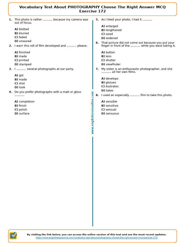 1085 Vocabulary Test About Photography Choose The Right Answer MCQ ...
