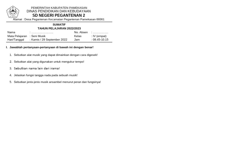 Soal Sts 1 Seni Musik Kls 4 | PDF
