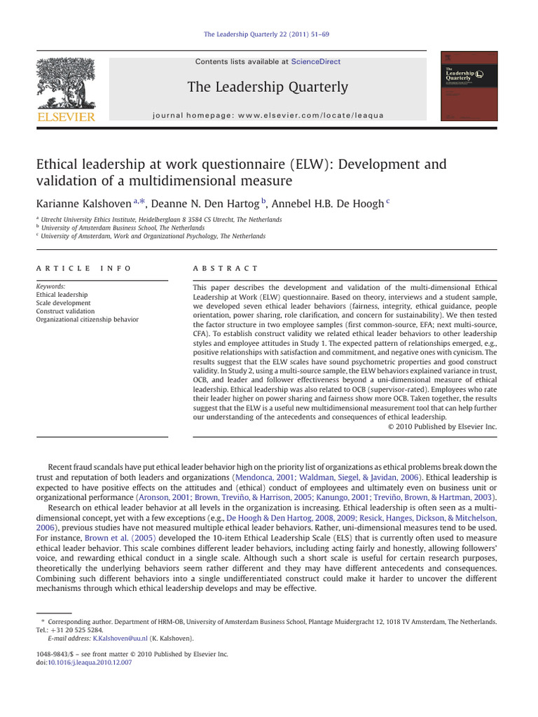 Ethical Leadership Questionnaire Validation | PDF | Leadership ...