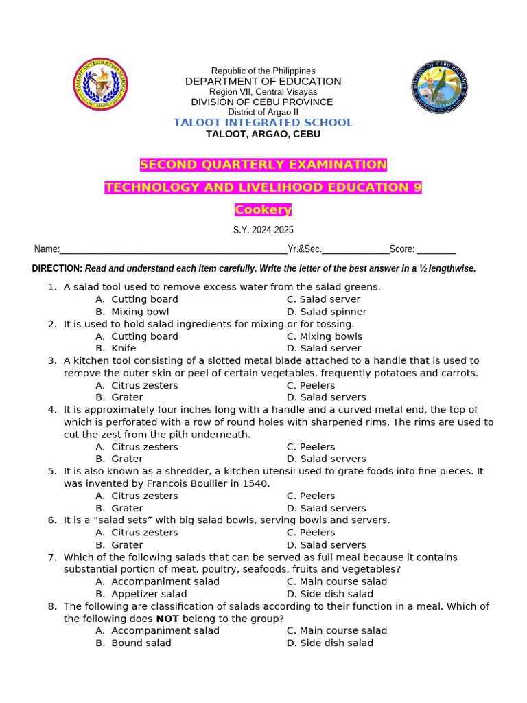 TLE 9 Cookery Exam Guide for Students | PDF | Salad | Mayonnaise