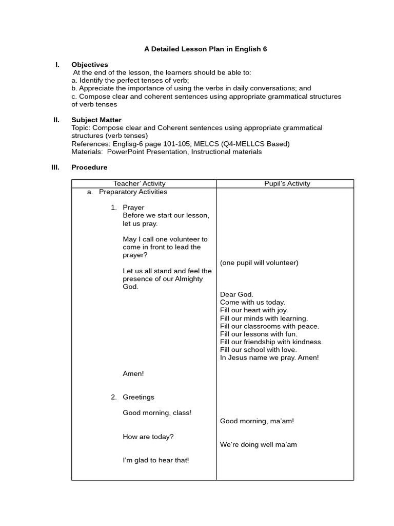 English 6 Lesson Plan: Verb Tenses | PDF | Grammatical Tense | Verb