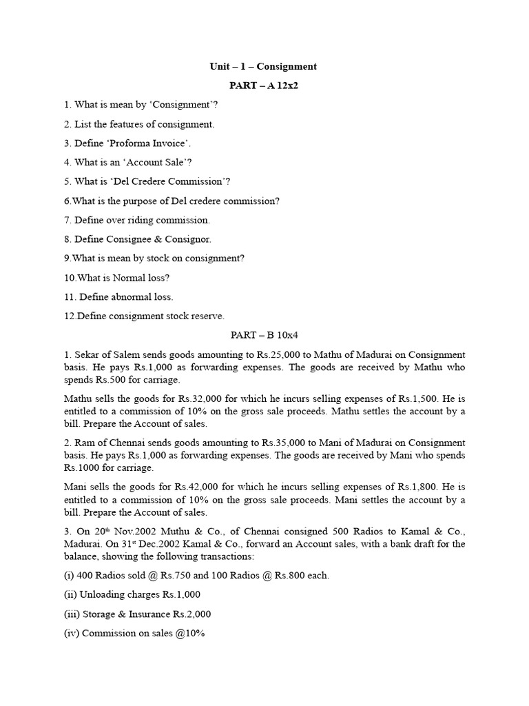Consignment Accounts - Question Bank | PDF | Expense | Business