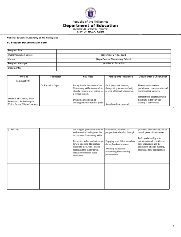 Enclosure No. 11 PD Program Documentation Form | PDF | Behavior ...