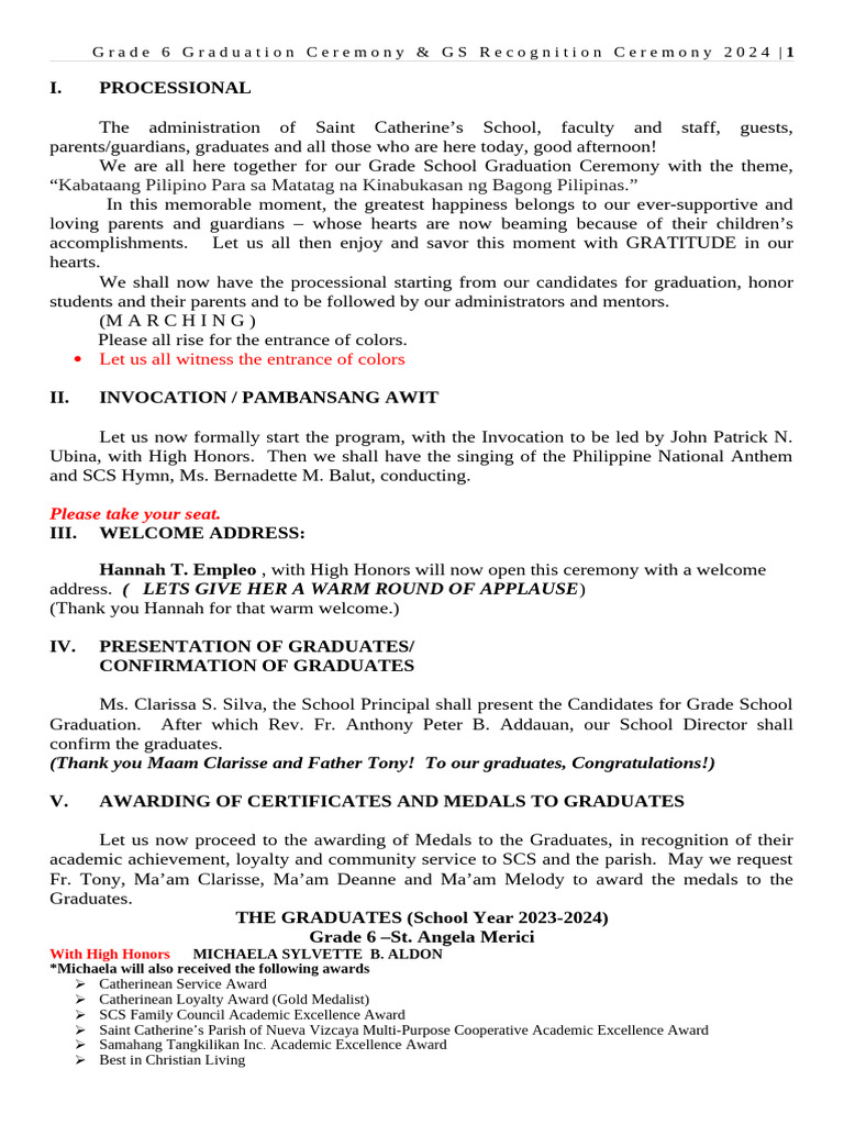 Script 2023 Grade 6 Graduation Ceremony Final | PDF