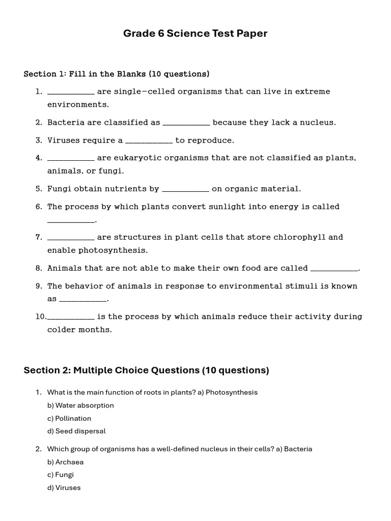 Grade 6 Science Test Paper | PDF | Plants | Cell (Biology)