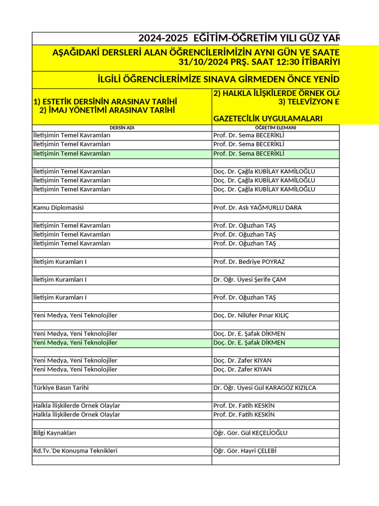 2024 25 Guz Arasinav Programi Guncellenmis Son Hali 31 10 2024 | PDF