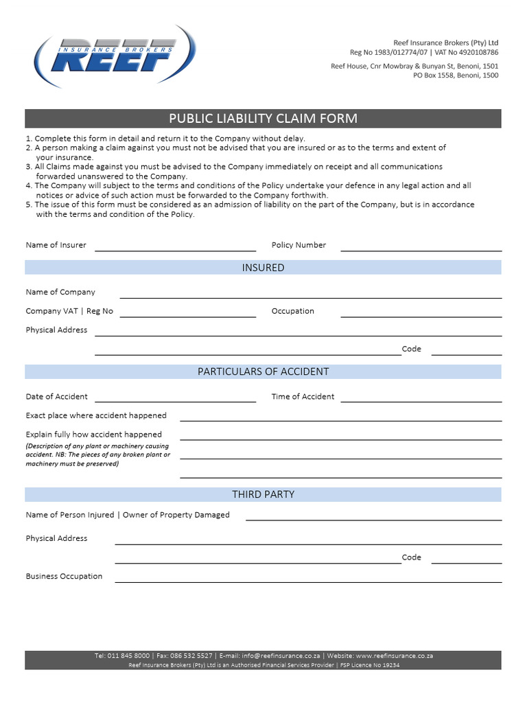 Public Liability Claim Form | PDF | Insurance | Liability Insurance