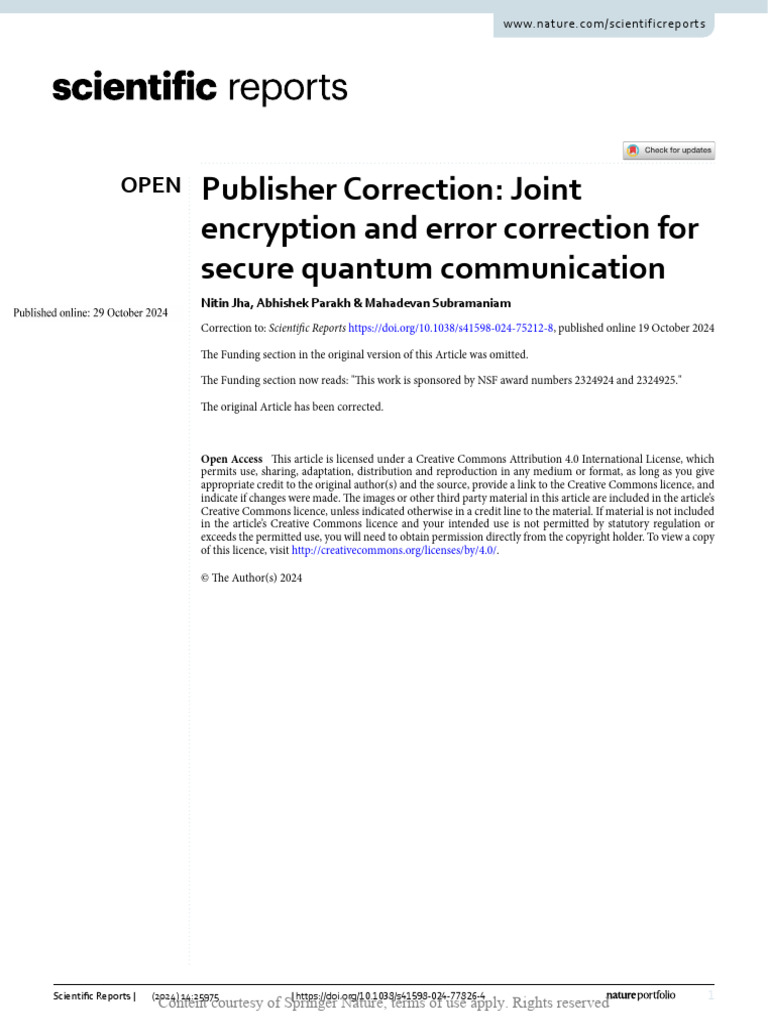 Publisher Correction Joint Encryption and Error Co | PDF | Creative ...