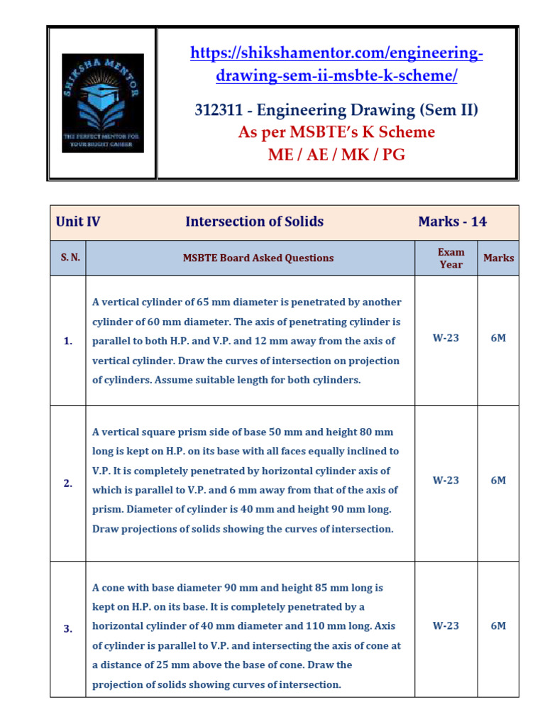 Unit IV Solids Intersection Question To Comprehend | PDF | Geometry ...