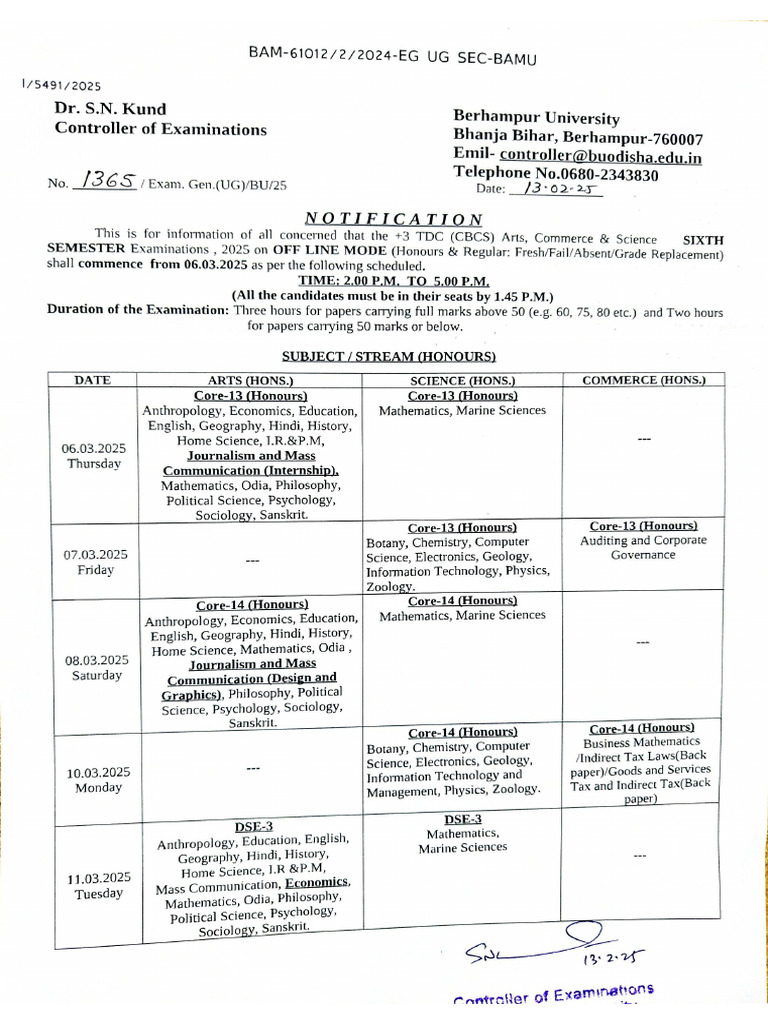 6th Semester Exam Schedule | PDF