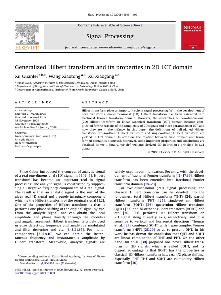 Generalized Hilbert Transform in 2D LCT Domain | PDF | Functions And Mappings ...