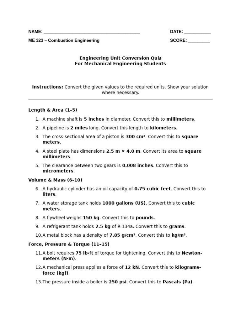 Engineering Unit Conversion Quiz | PDF