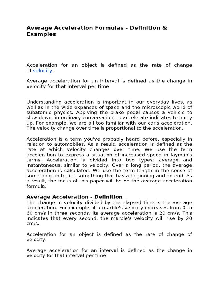 Average Acceleration Formulas | PDF | Acceleration | Velocity