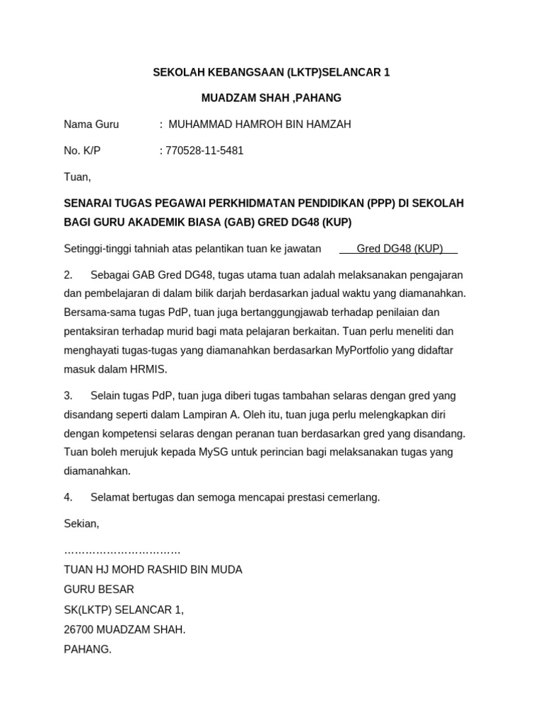 Contoh Surat Lantikan Guru Inspirasi DG48 | PDF