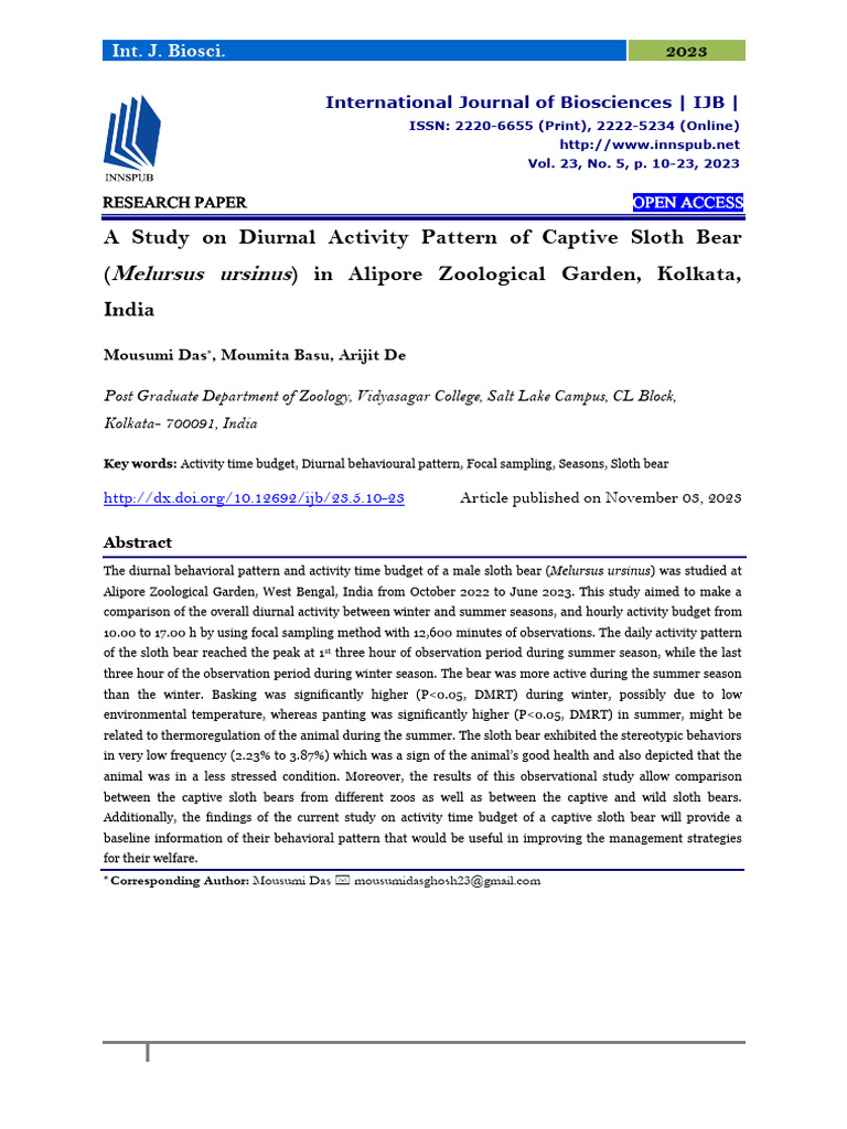 A Study on Diurnal Activity Pattern of Captive Sloth Bear (Melursus ursinus) in Alipore ...