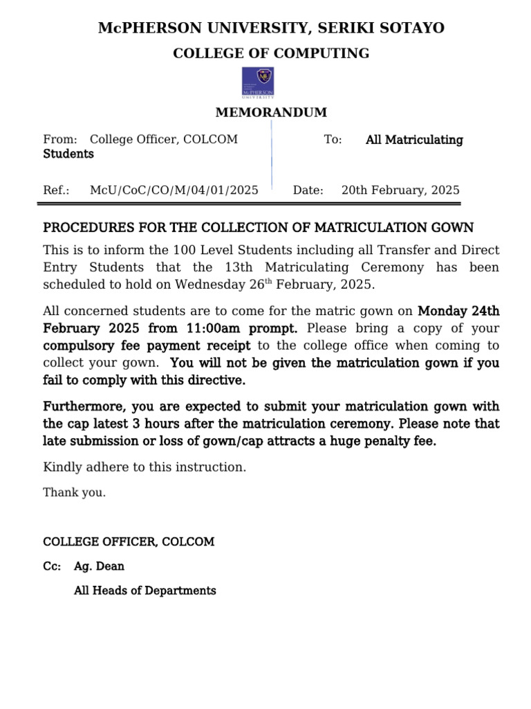 Matriculation Ceremony | PDF