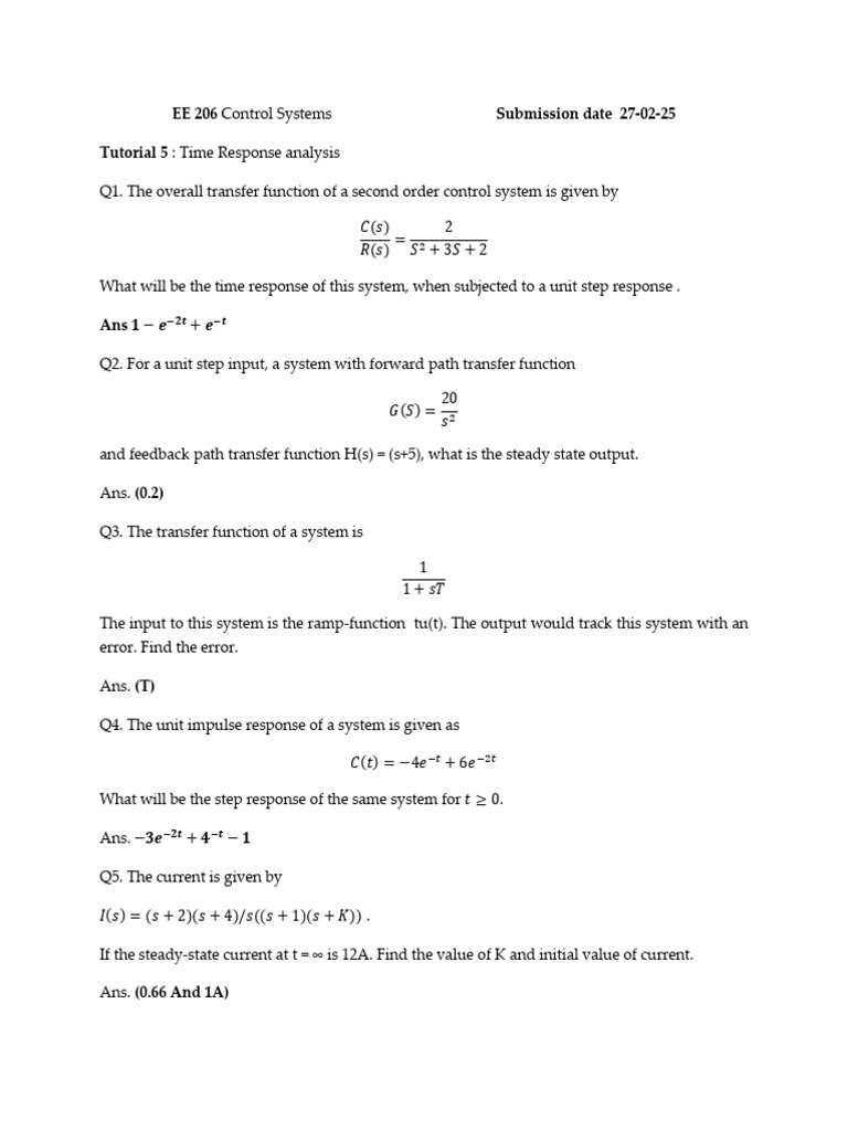 Contro System Time Response Tutorial 5 - 2024-25 | PDF | Damping | Resonance