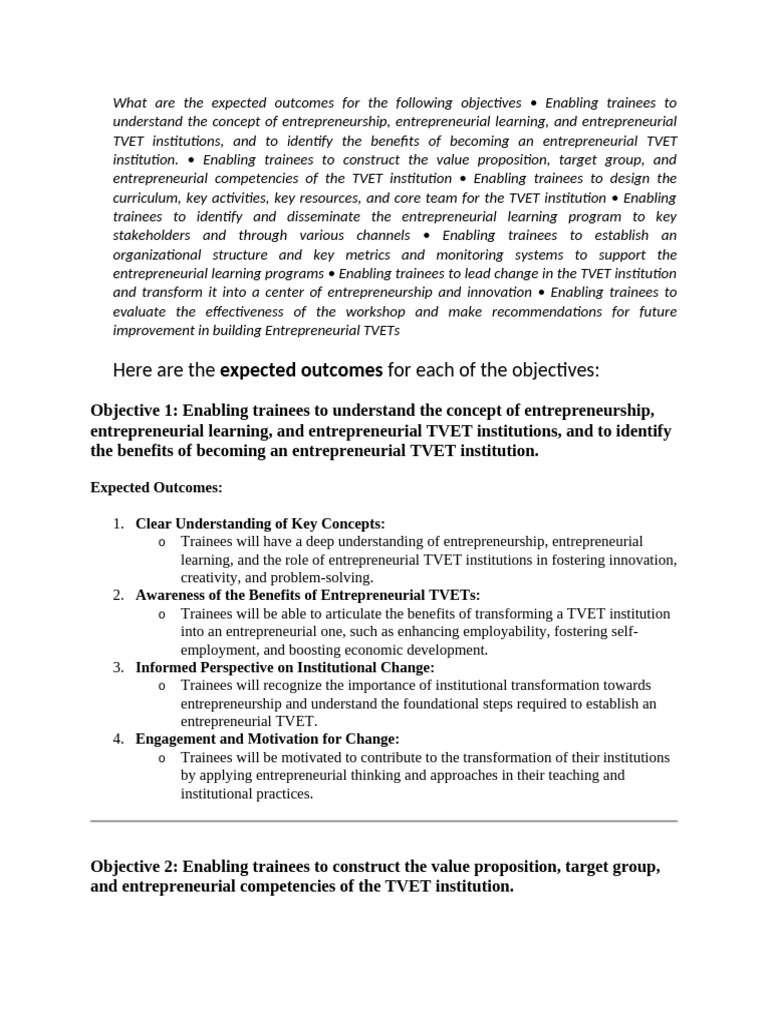 Expected Outcomes For BETs | PDF | Entrepreneurship | Performance Indicator