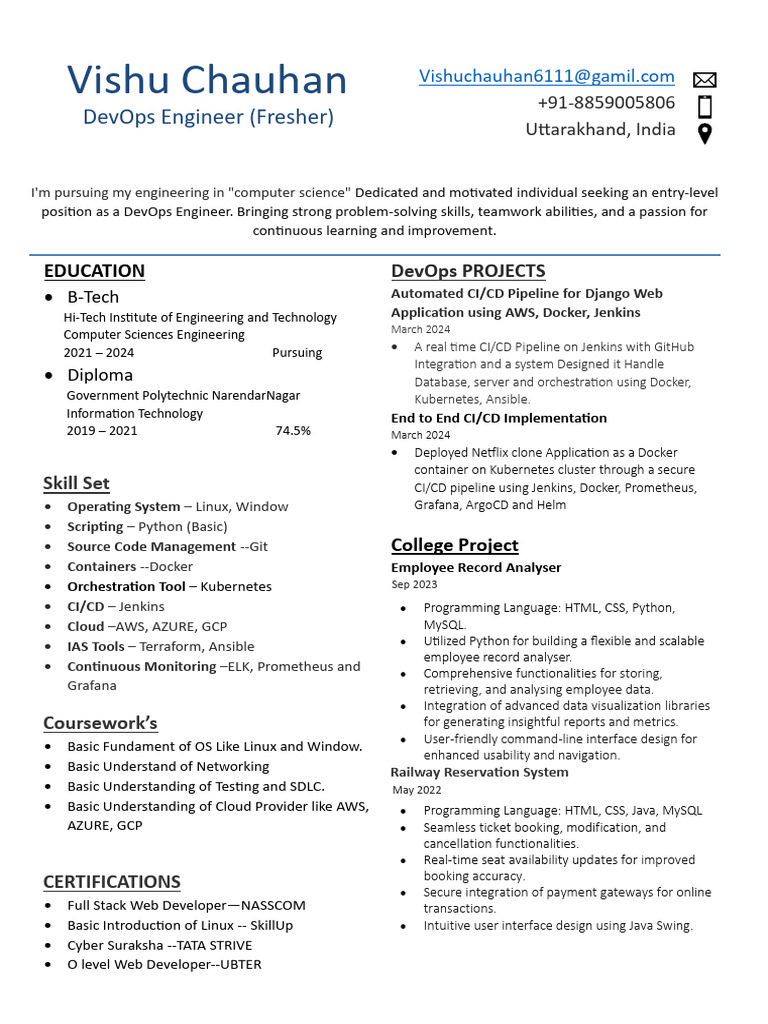 Vishu Chauhan (Fresher) Devops - Engineer Resume | PDF | My Sql ...