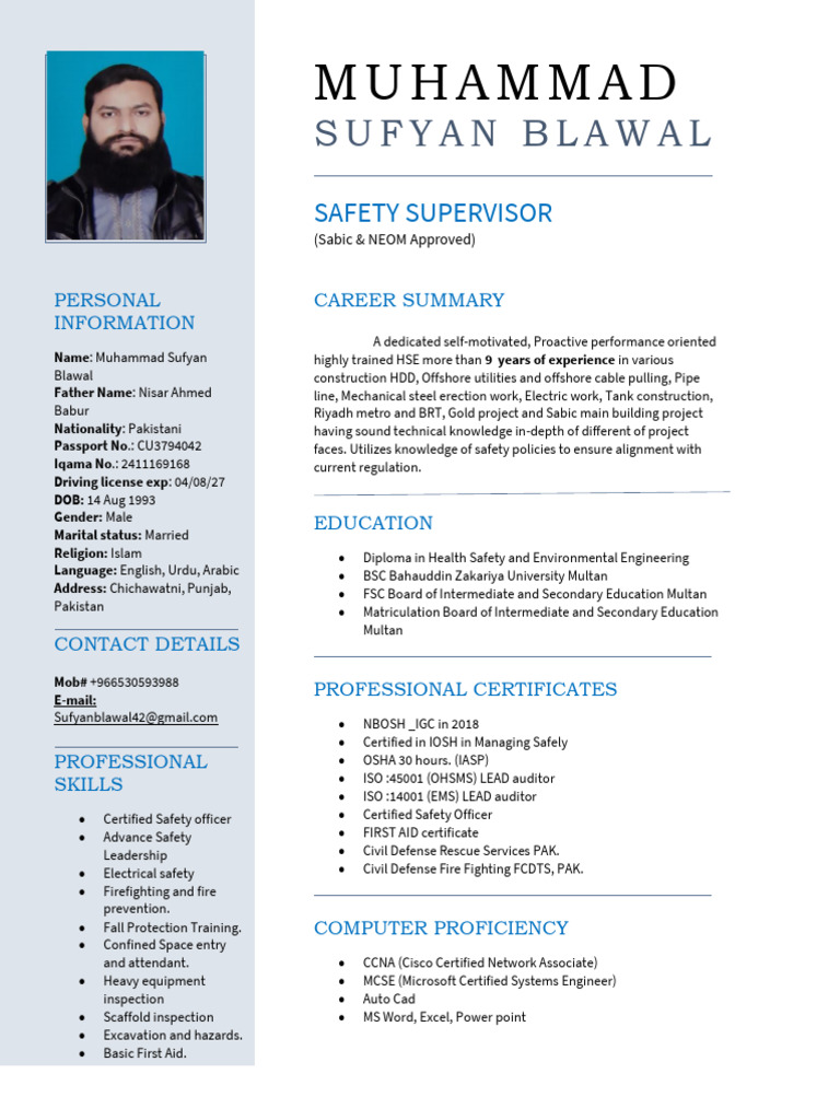 HSE Supervisor Profile: Muhammad Sufyan Blawal | PDF