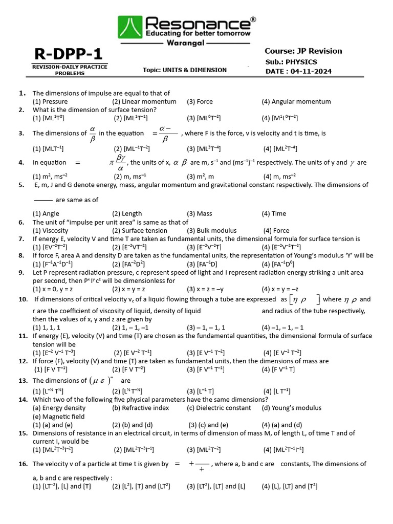 Physics Units and Dimensions Quiz | PDF | Physical Phenomena | Applied And Interdisciplinary Physics